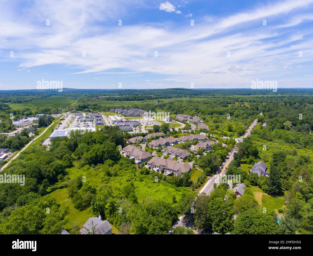 Wayland historic town center aerial view in summer at Boston Post Road ...