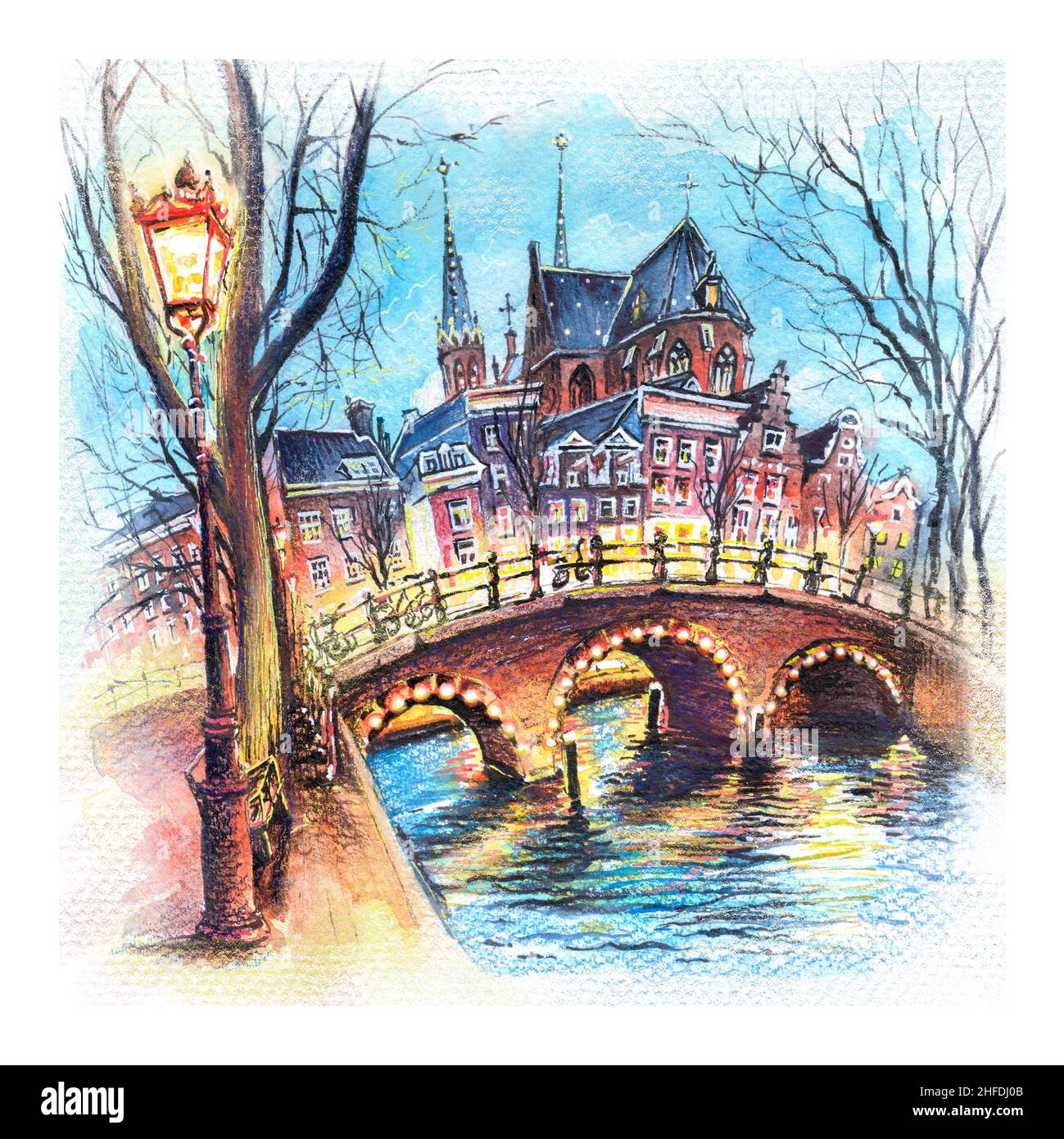 Colour watercolor sketch of Amsterdam canal Leidsegracht with typical ...