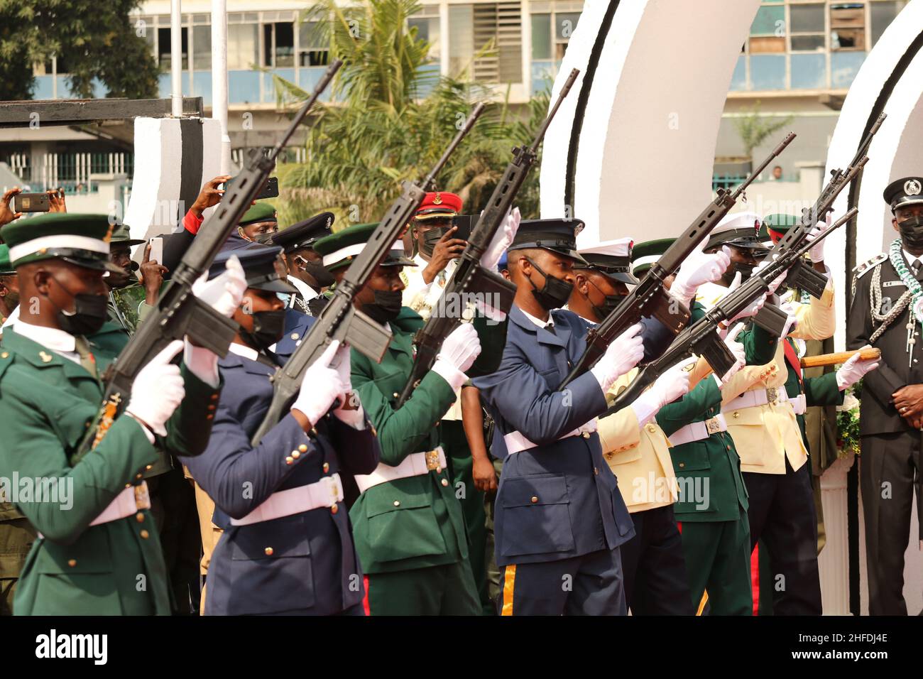 Lagos, Nigeria. 15th Jan, 2022. Members of Nigerian Armed Forces salute during the Armed Forces ...