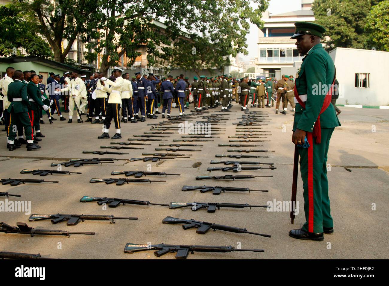Lagos, Nigeria. 15th Jan, 2022. Military personnel lay down their guns before the parade and ...
