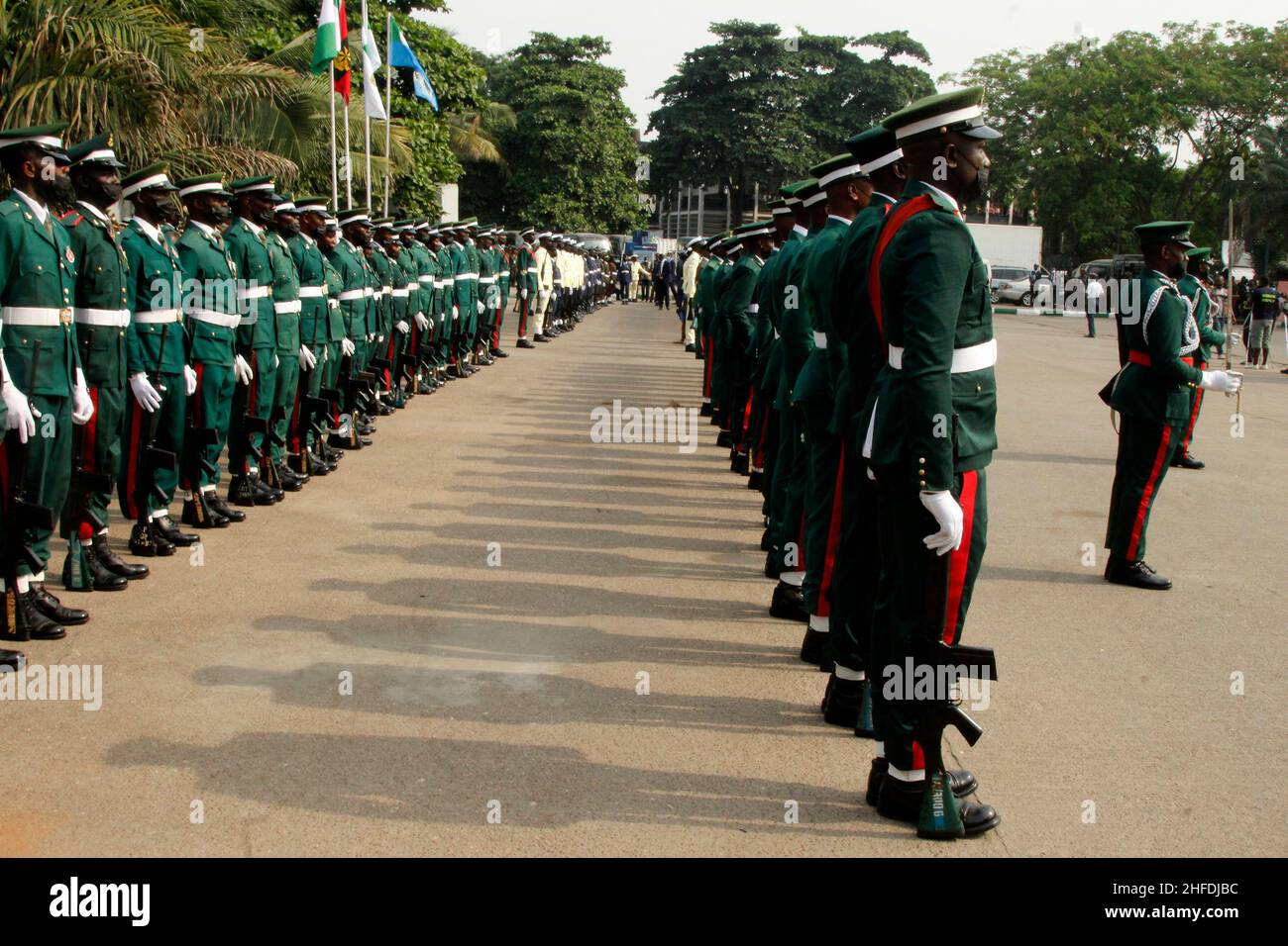 Lagos, Nigeria. 15th Jan, 2022. Military personnel mount guard of honour during the parade and ...