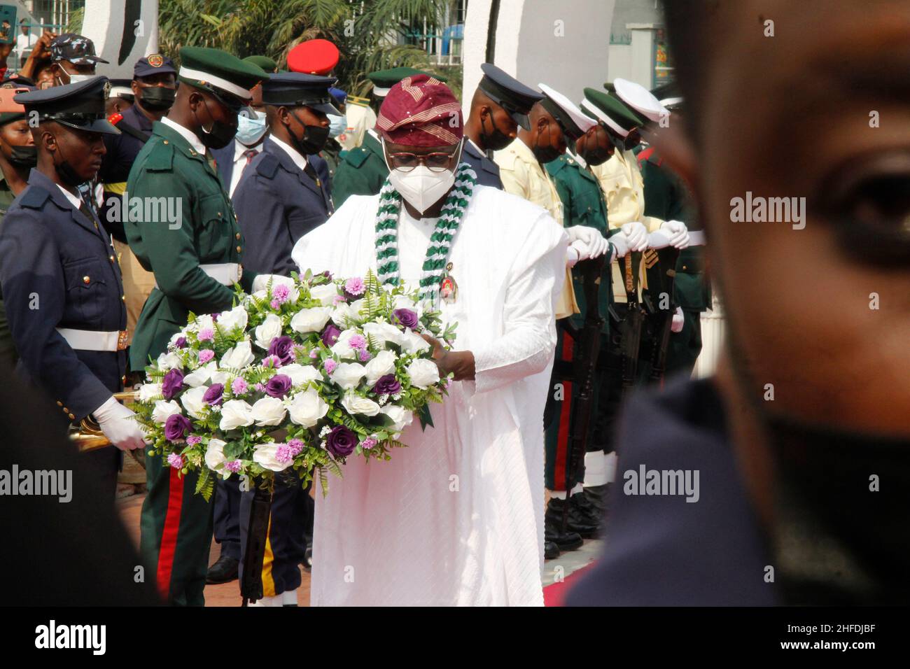 Lagos, Nigeria. 15th Jan, 2022. Governor, Lagos State, Babajide Sanwo-Olu carries wreath during ...