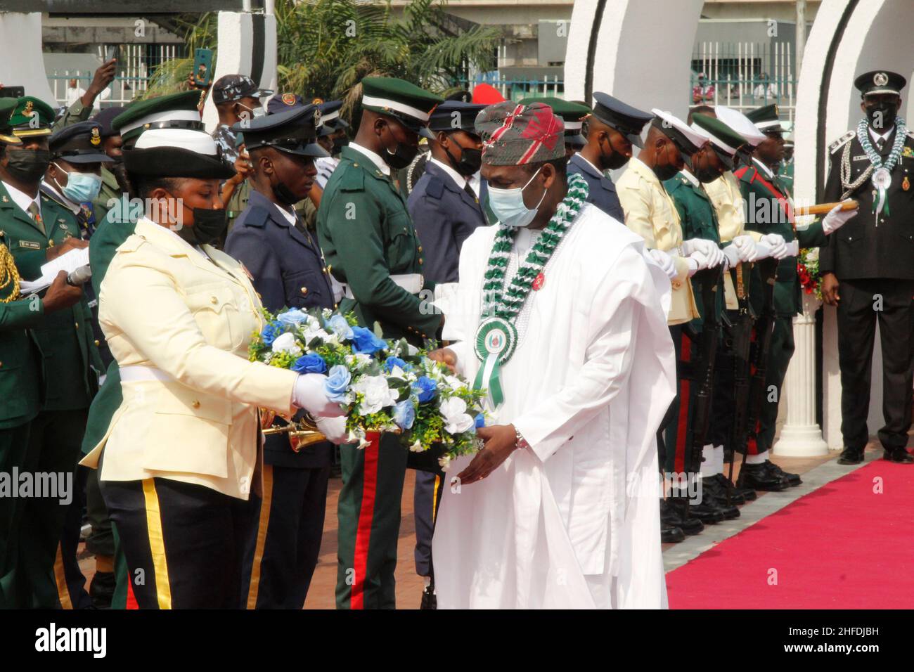 Lagos, Nigeria. 15th Jan, 2022. Deputy Governor, Lagos State, Obafemi Hamzat, receives wreath ...