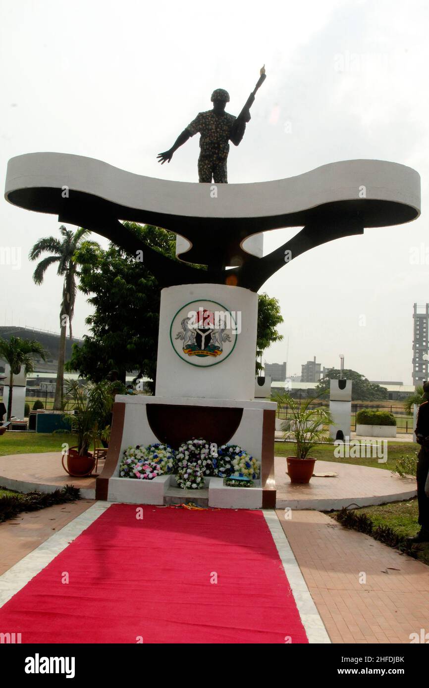 Lagos, Nigeria. 15th Jan, 2022. Cenotaph of an unknown soldier at the end of parade and laying ...
