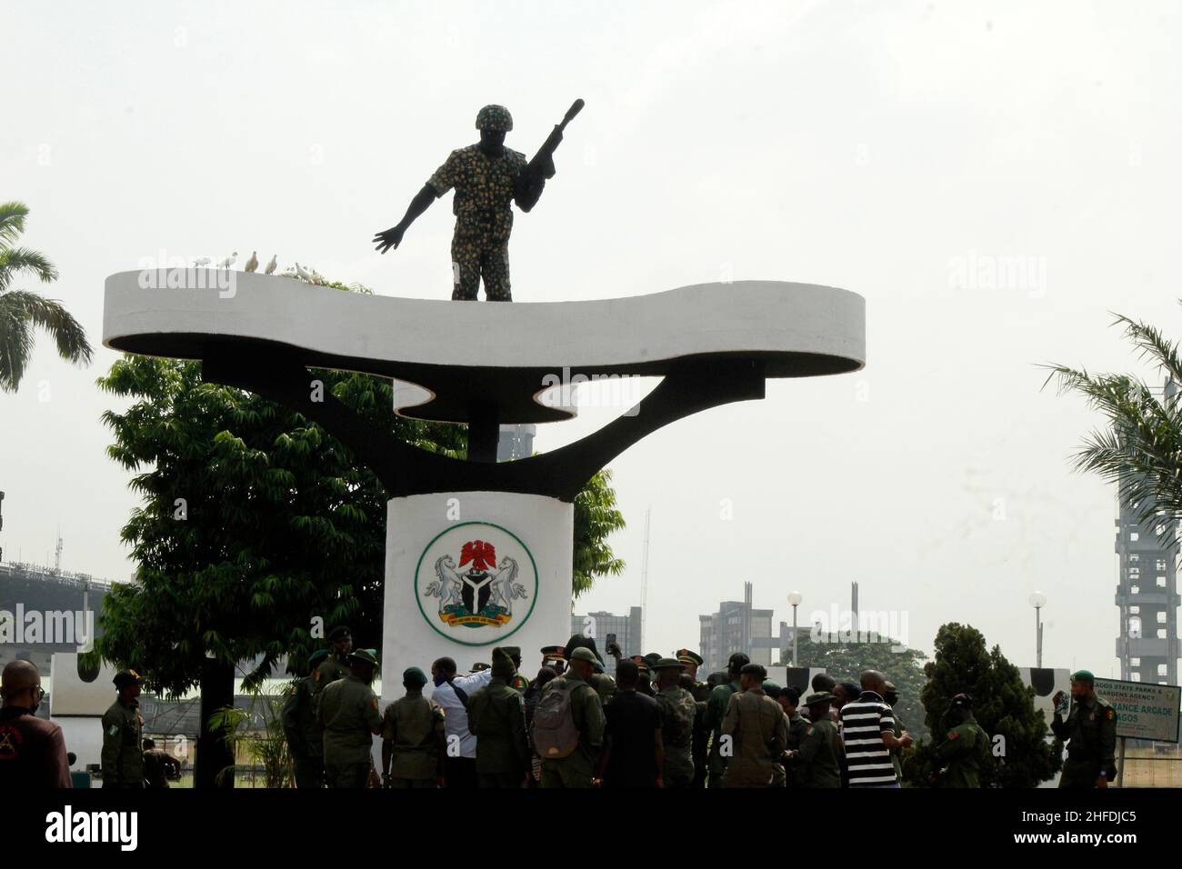 Lagos, Nigeria. 15th Jan, 2022. Military personnel gather in front of Cenotaph of an unknown ...