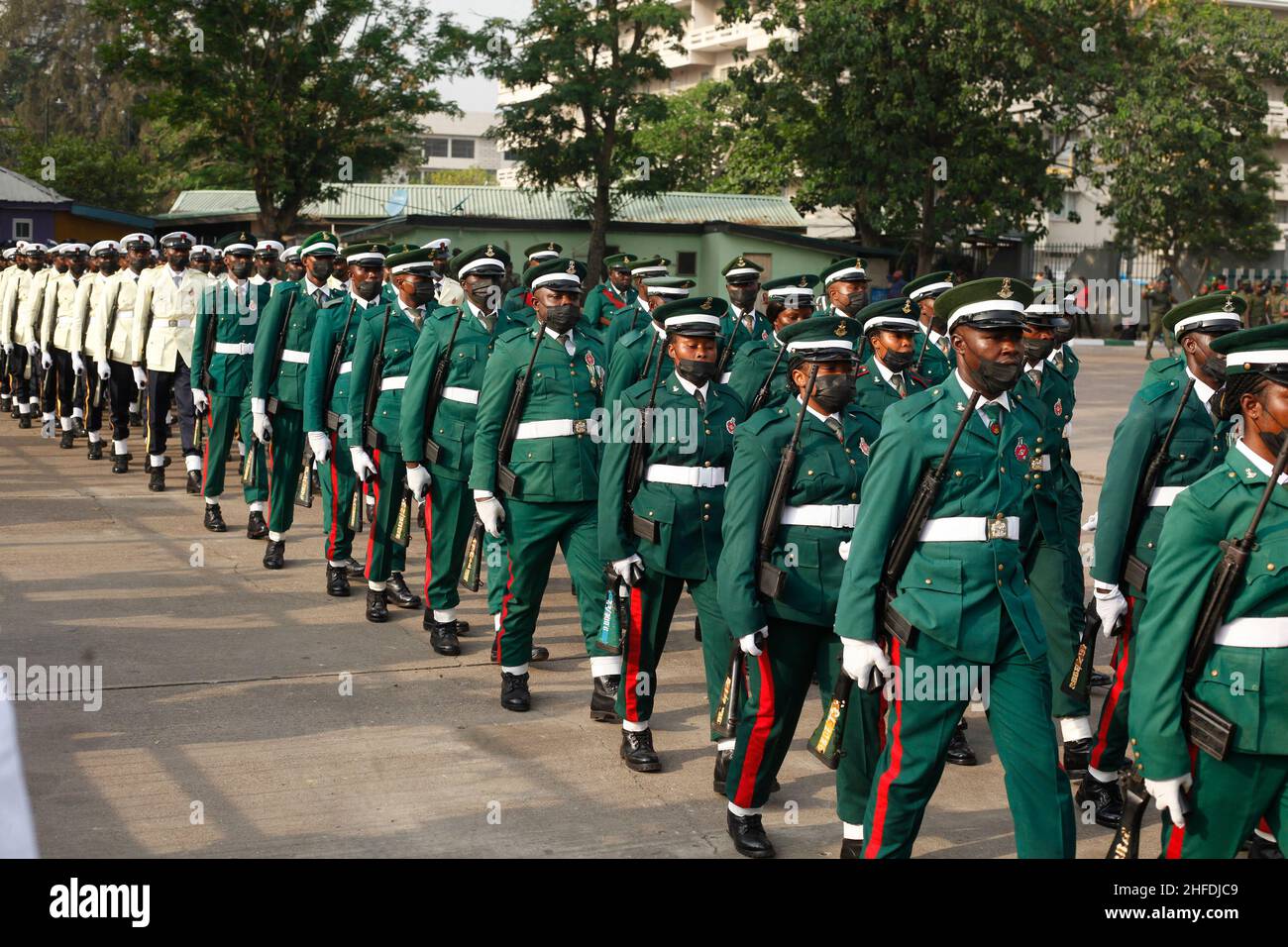 Lagos, Nigeria. 15th Jan, 2022. Military personnel march during the parade and laying of wreath ...