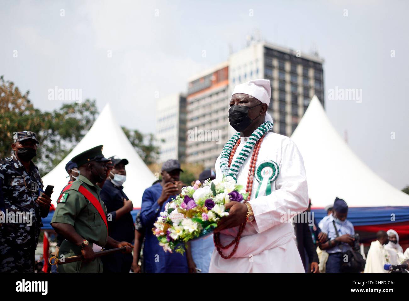 Lagos, Nigeria. 15th Jan, 2022. A White Cap Chief and representative of Oba of Lagos carries ...