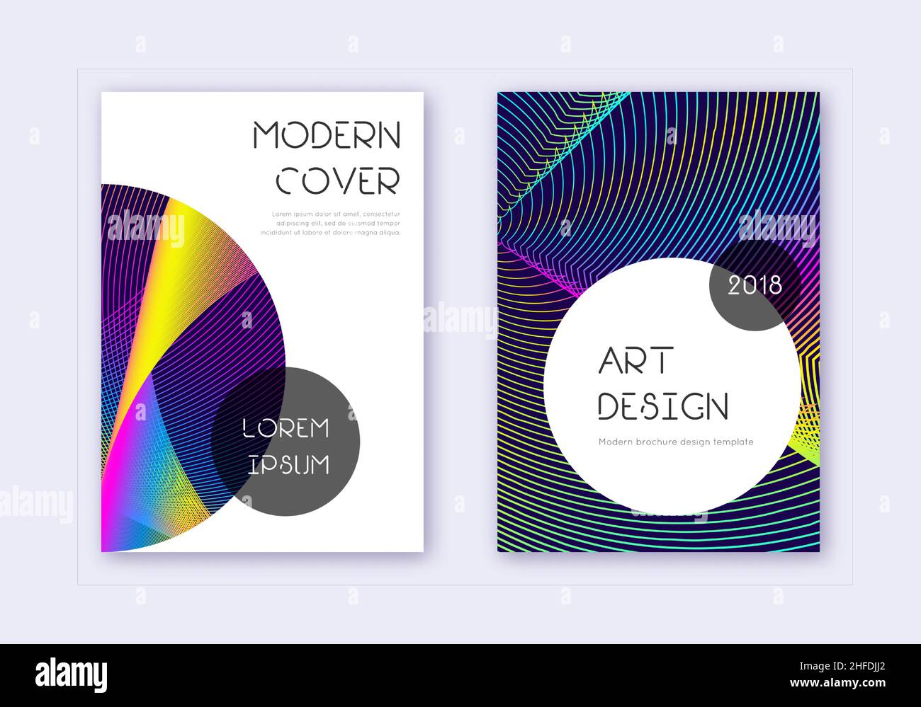 Trendy cover design template set. Rainbow abstract lines on dark blue ...