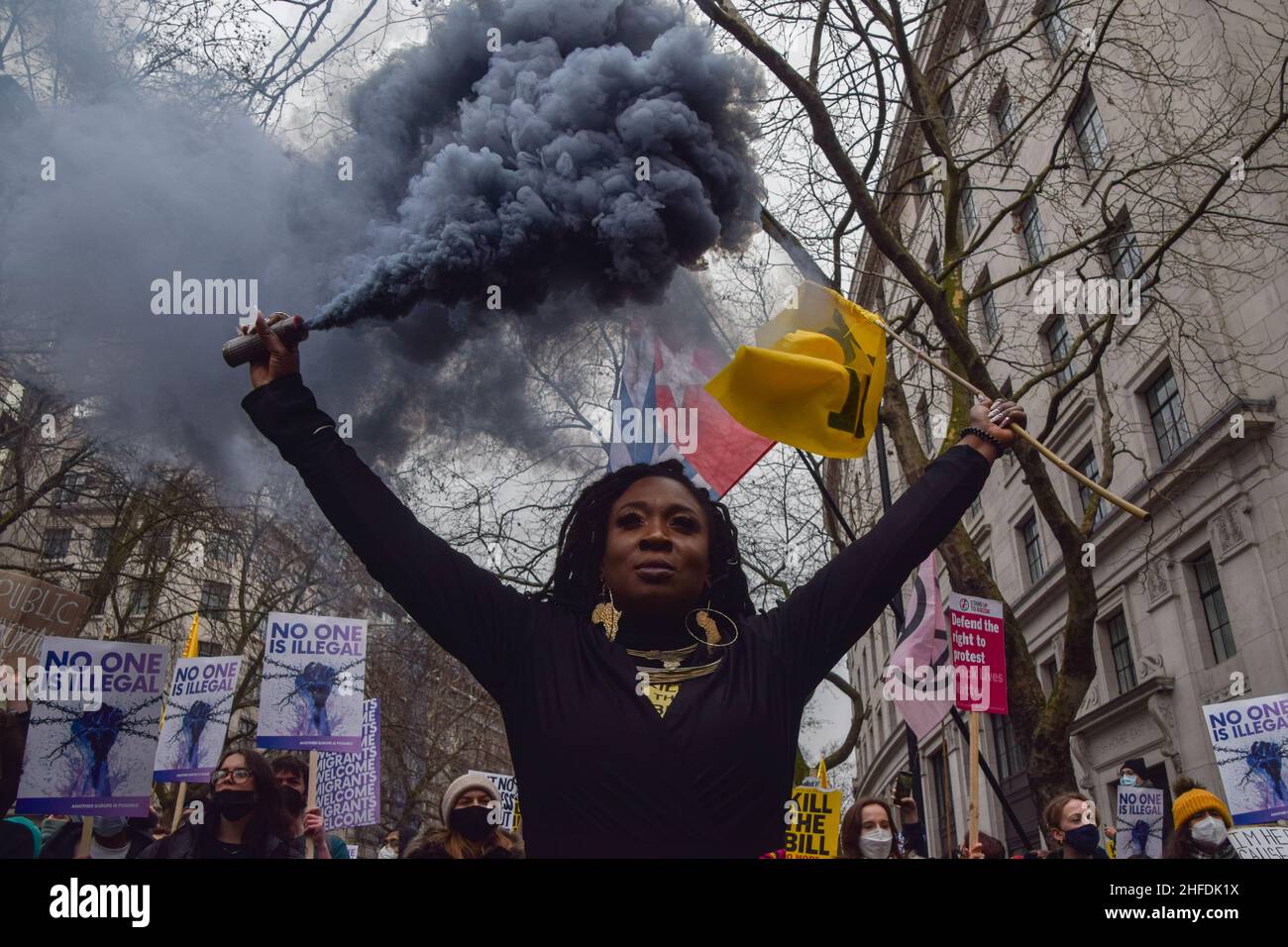 Activist Marvina Newton holds a smoke flare during the Kill The Bill ...