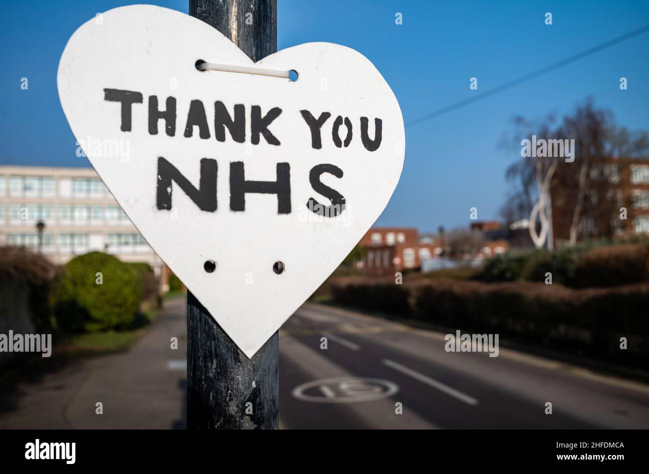 A sign saying thank you to the NHS (National Health Service) attached ...