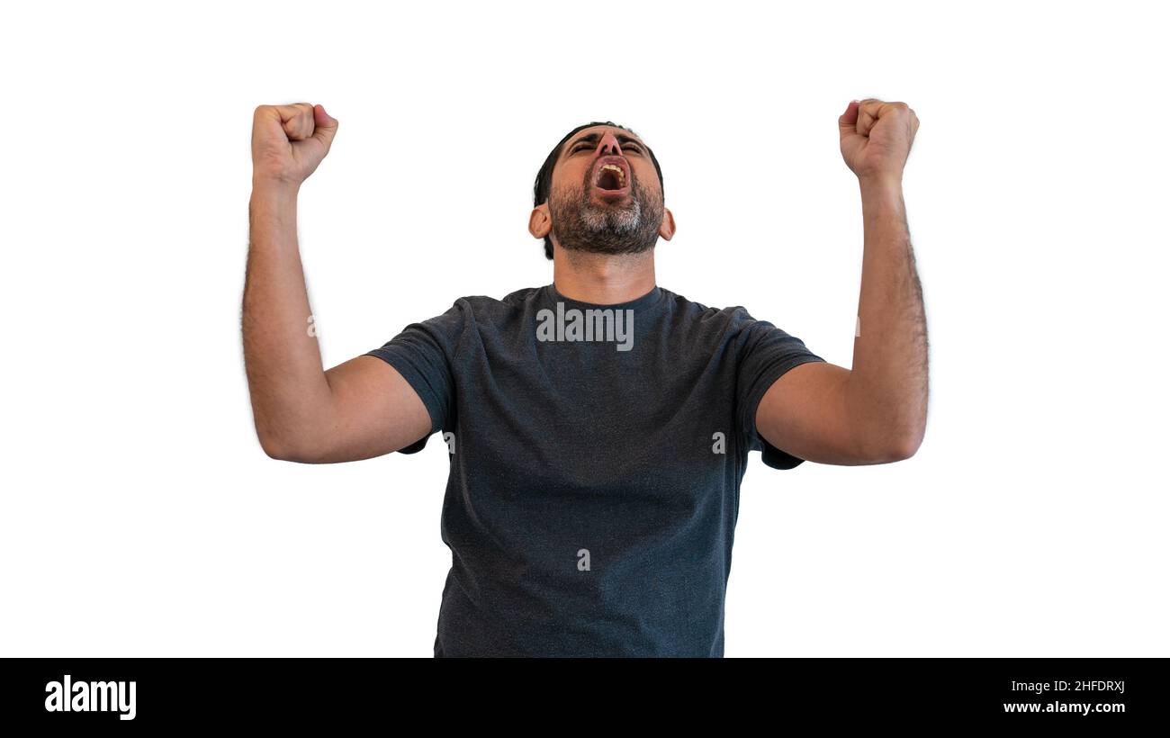 Man doing winner gesture isolated on white background. A happy person ...