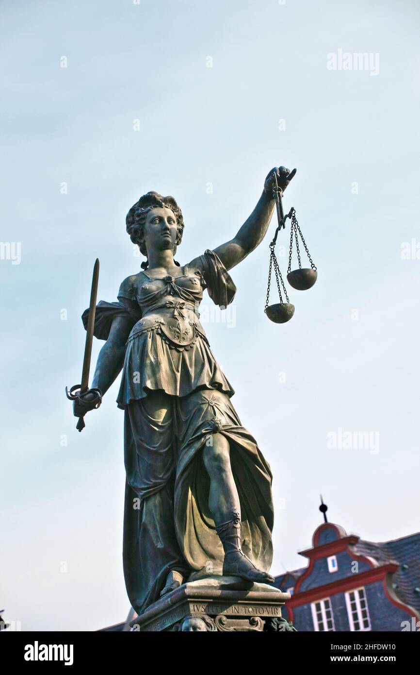 Statue of Lady Justice in front of the Romer in Frankfurt - Germany ...