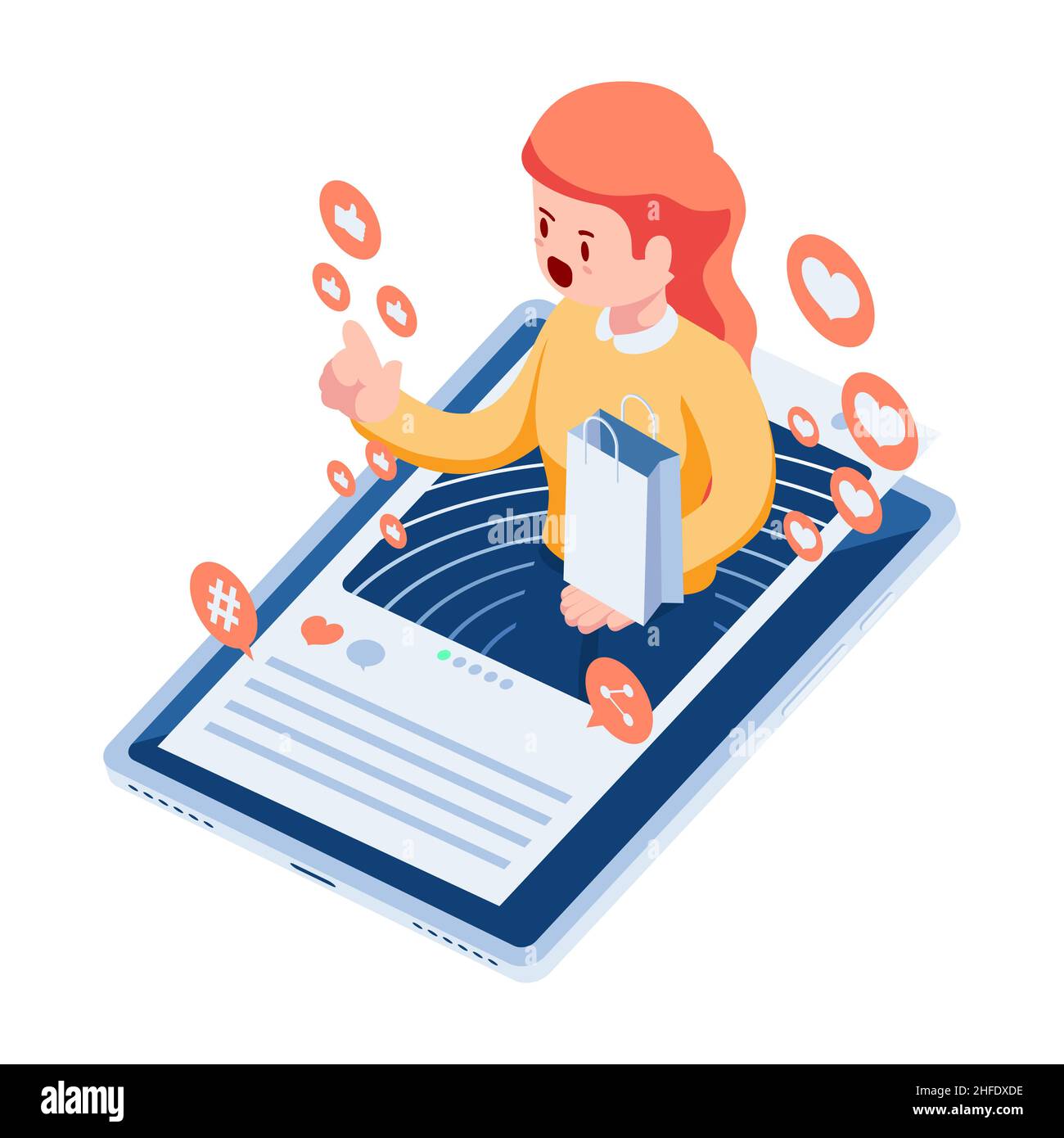 Flat 3d Isometric Woman Influencer Promote Product on Social Media ...