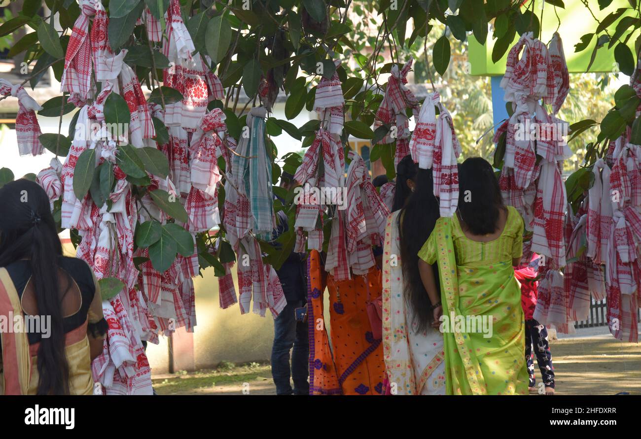 Guwahati, Guwahati, India. 15th Jan, 2022. Devotees tie Assamese ...