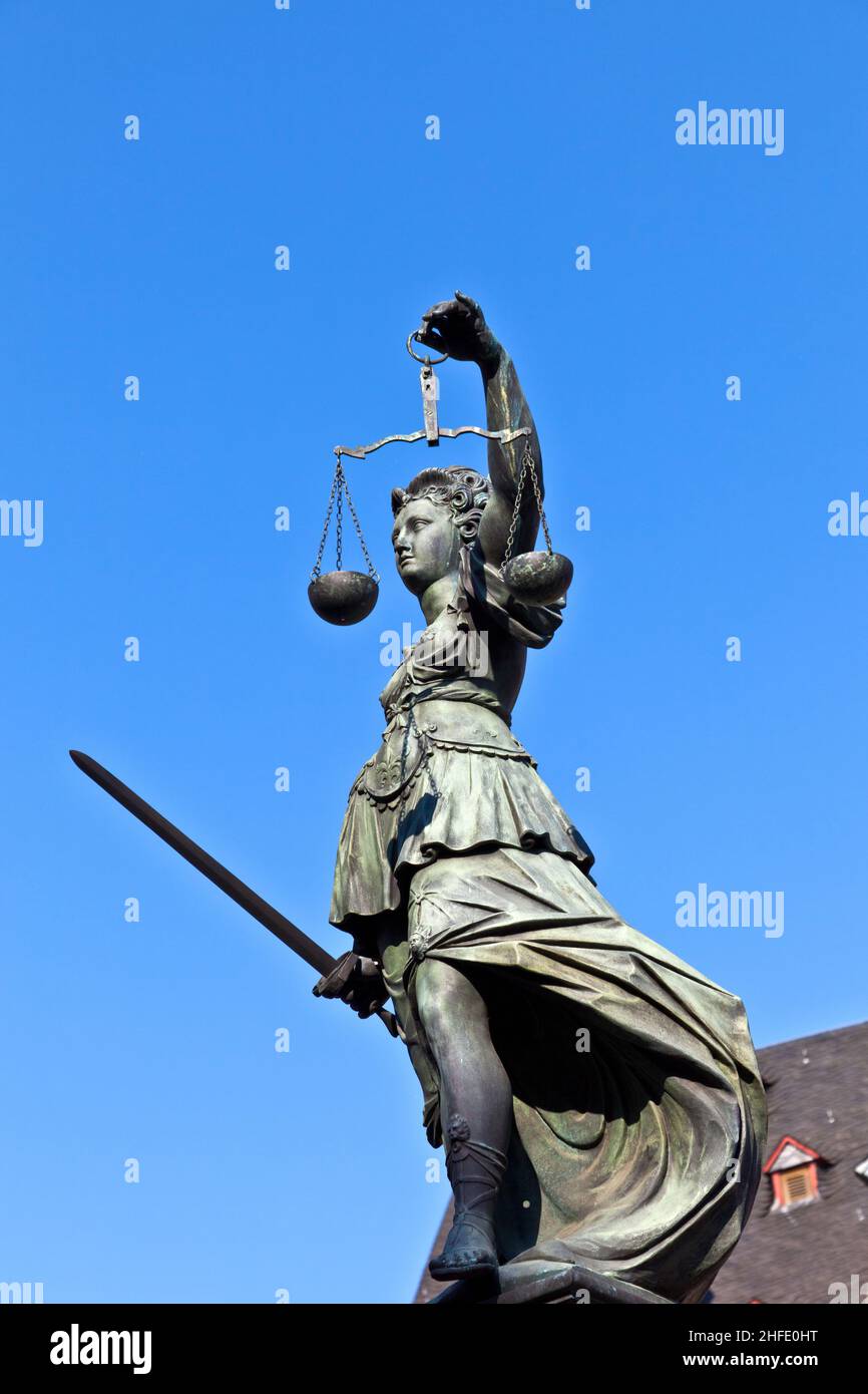 Statue of Lady Justice in front of the Romer in Frankfurt - Germany ...