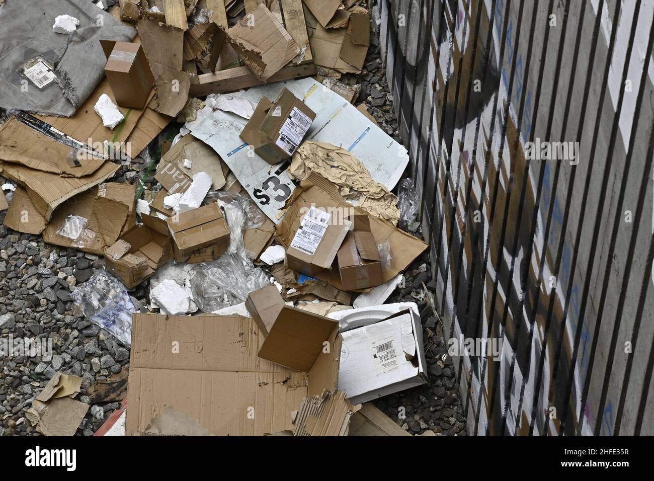 A portion of the thousands of empty boxes left by cargo thieves are ...