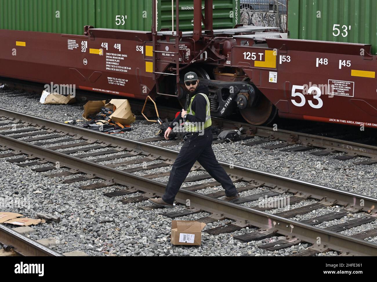 A Union Pacific freight train lies idle after derailing near an area ...