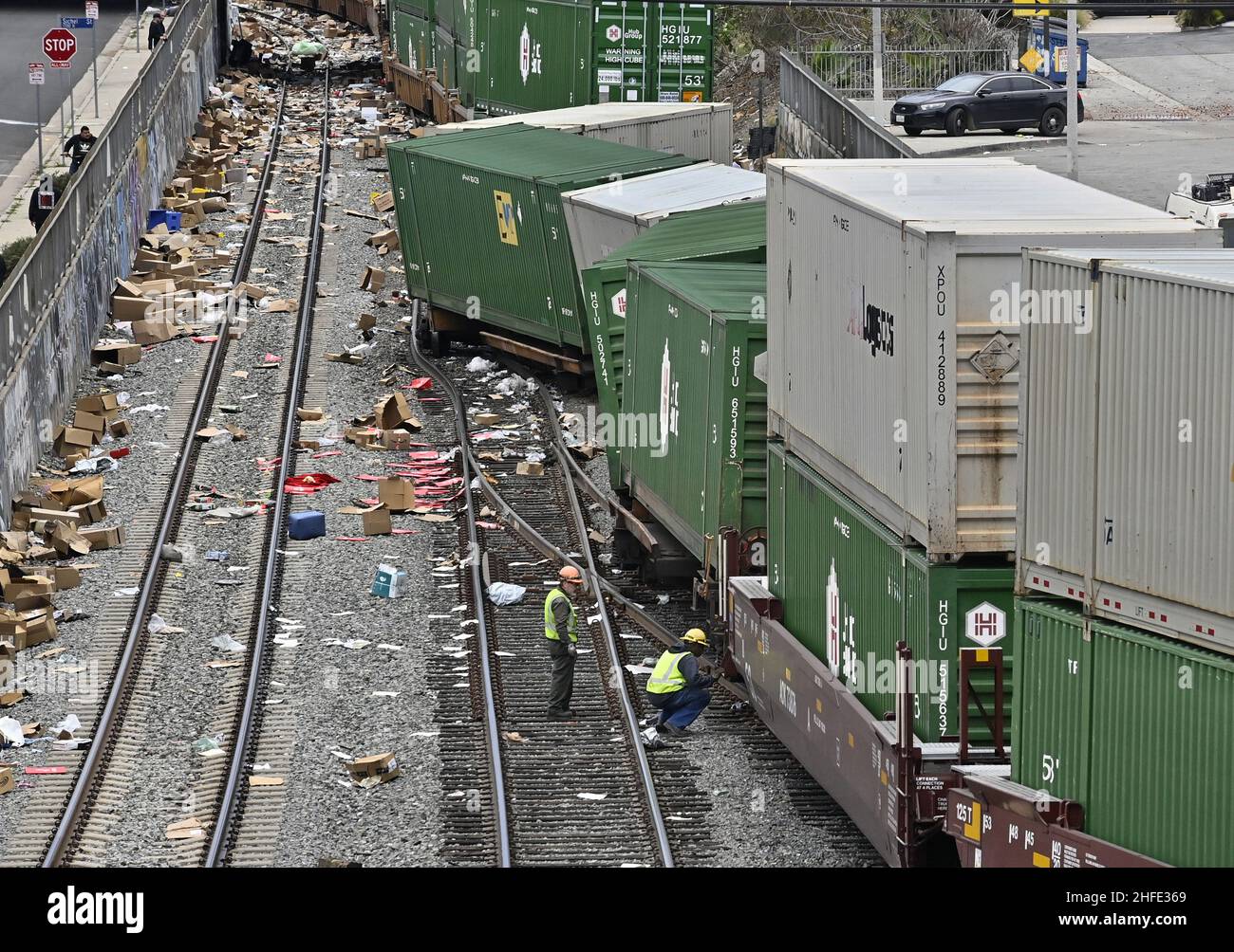 A Union Pacific freight train lies idle after derailing near an area ...