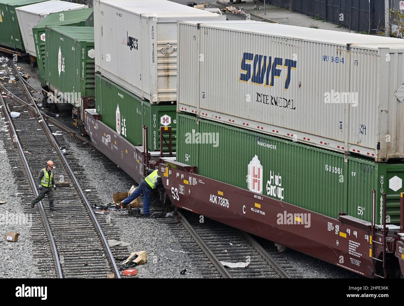 A Union Pacific freight train lies idle after derailing near an area ...