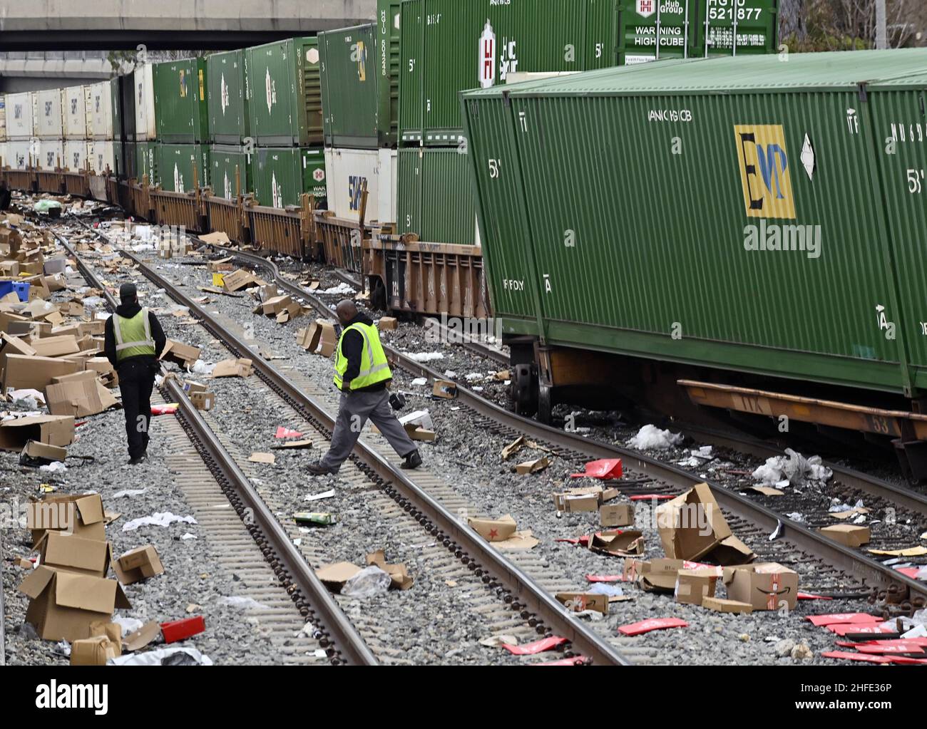 A Union Pacific freight train lies idle after derailing near an area ...