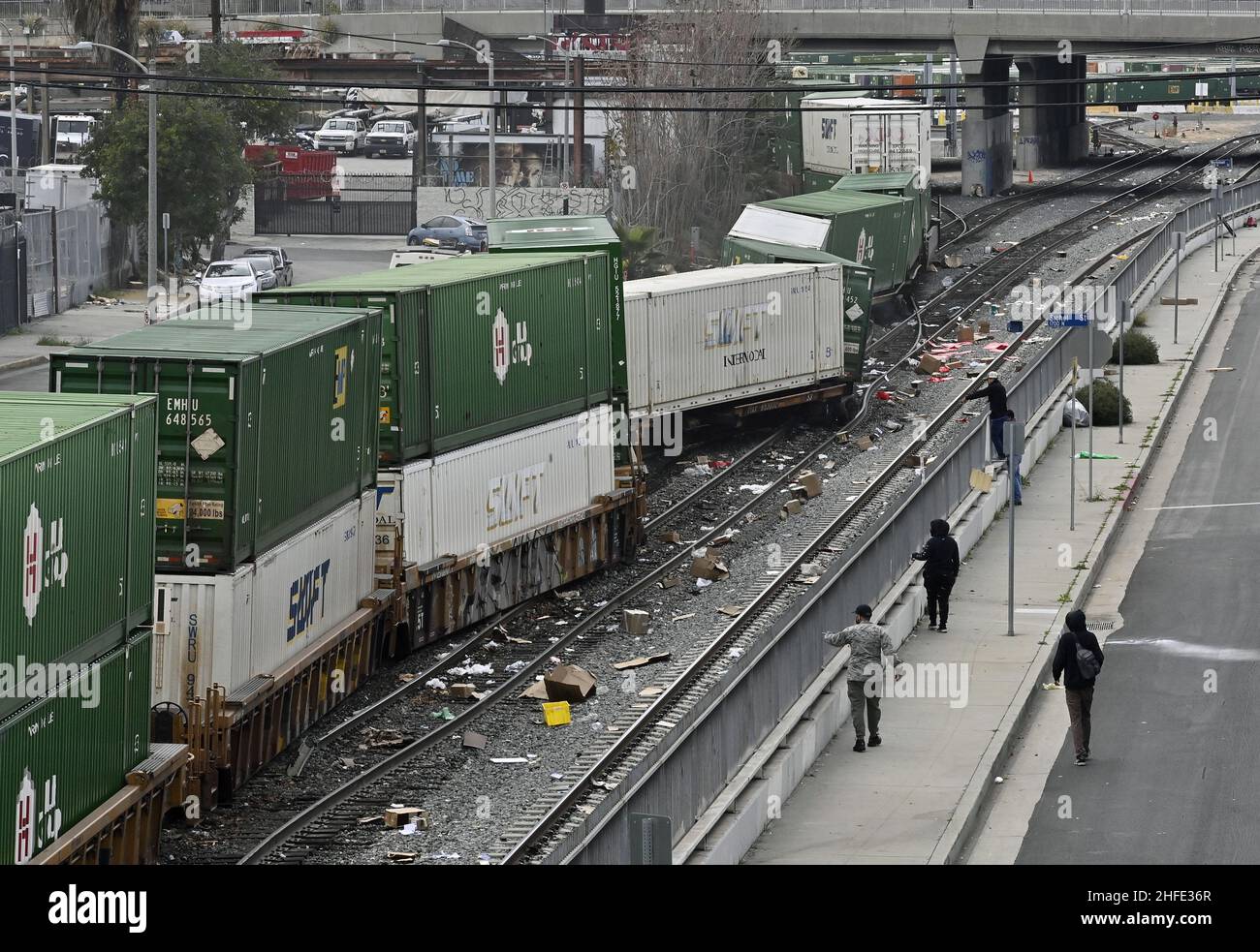A Union Pacific freight train lies idle after derailing near an area ...