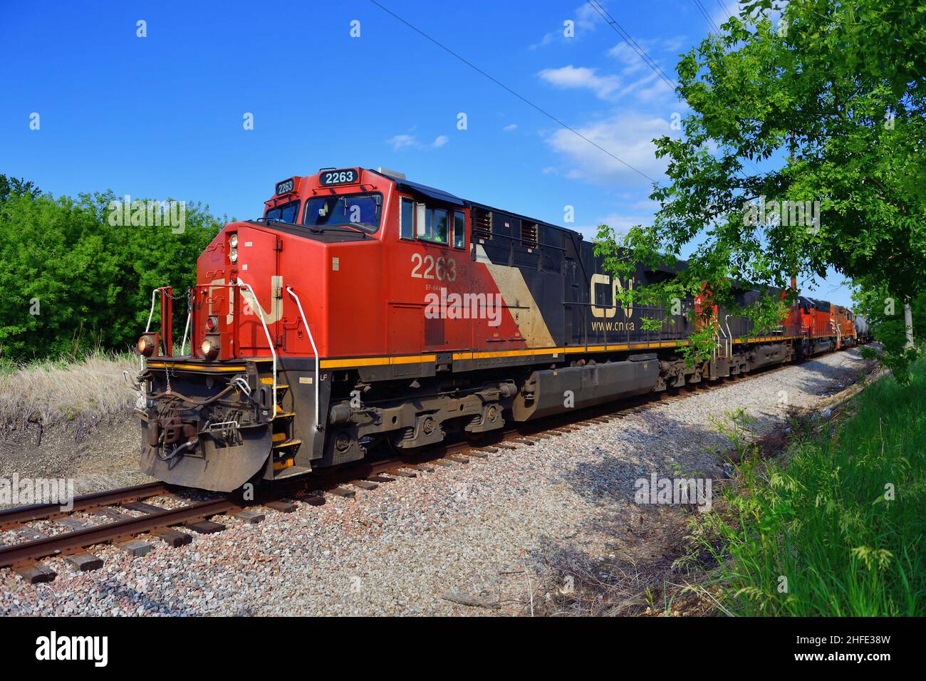 South Elgin, Illinois, USA. Three Canadian National Railway locomotives ...