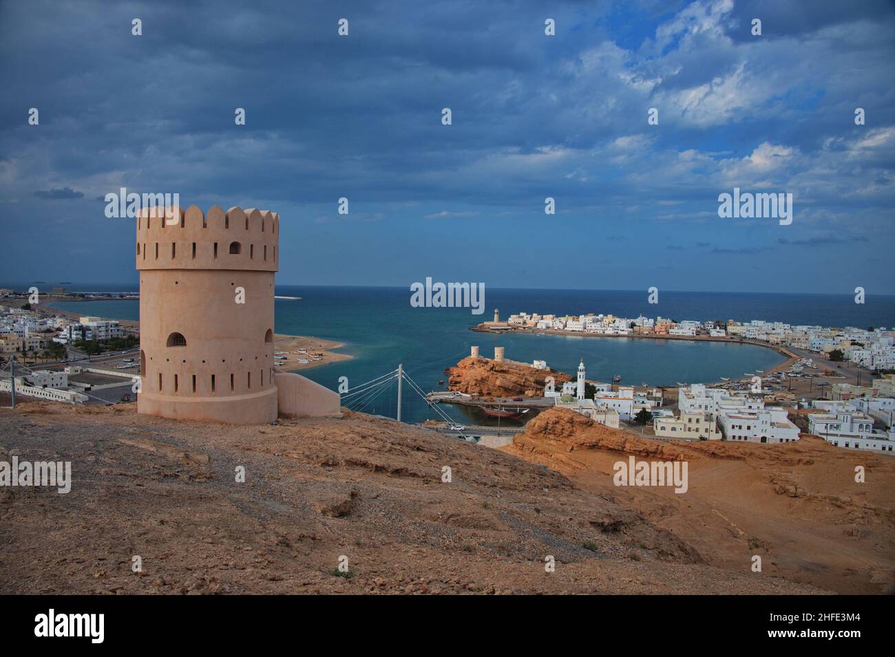 City of Sur in Oman from historic tower on the rocky hill Stock Photo ...