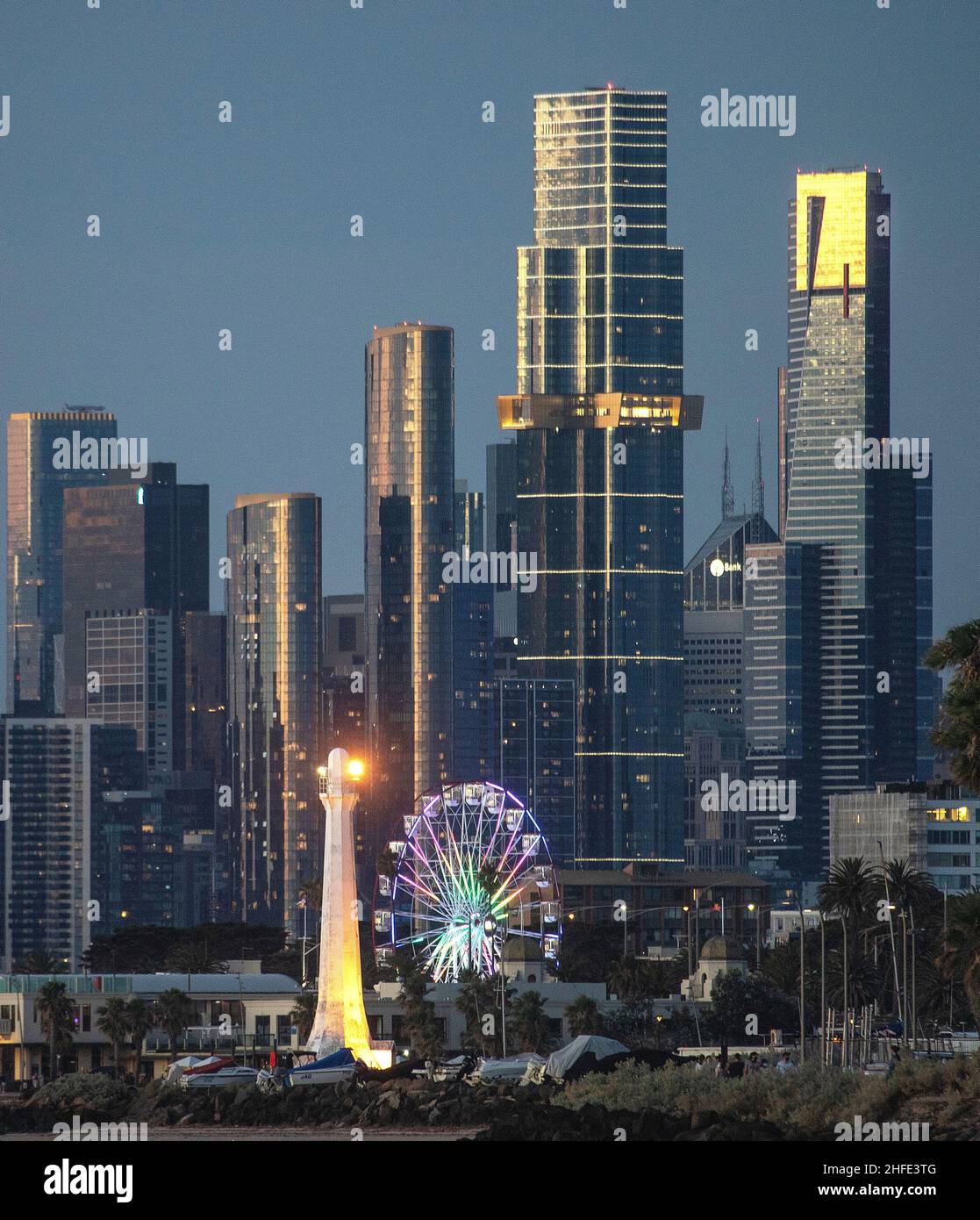 Melbourne Australia: Melbourne city skyline with St Kilda lighthouse in ...