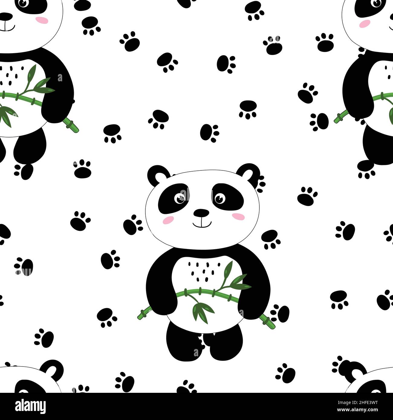 Seamless pattern with cute panda, footprint on white background. Funny ...