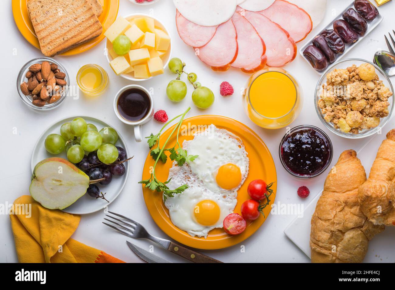 Breakfast with coffee and juice. Orange juice with coffee for breakfast ...