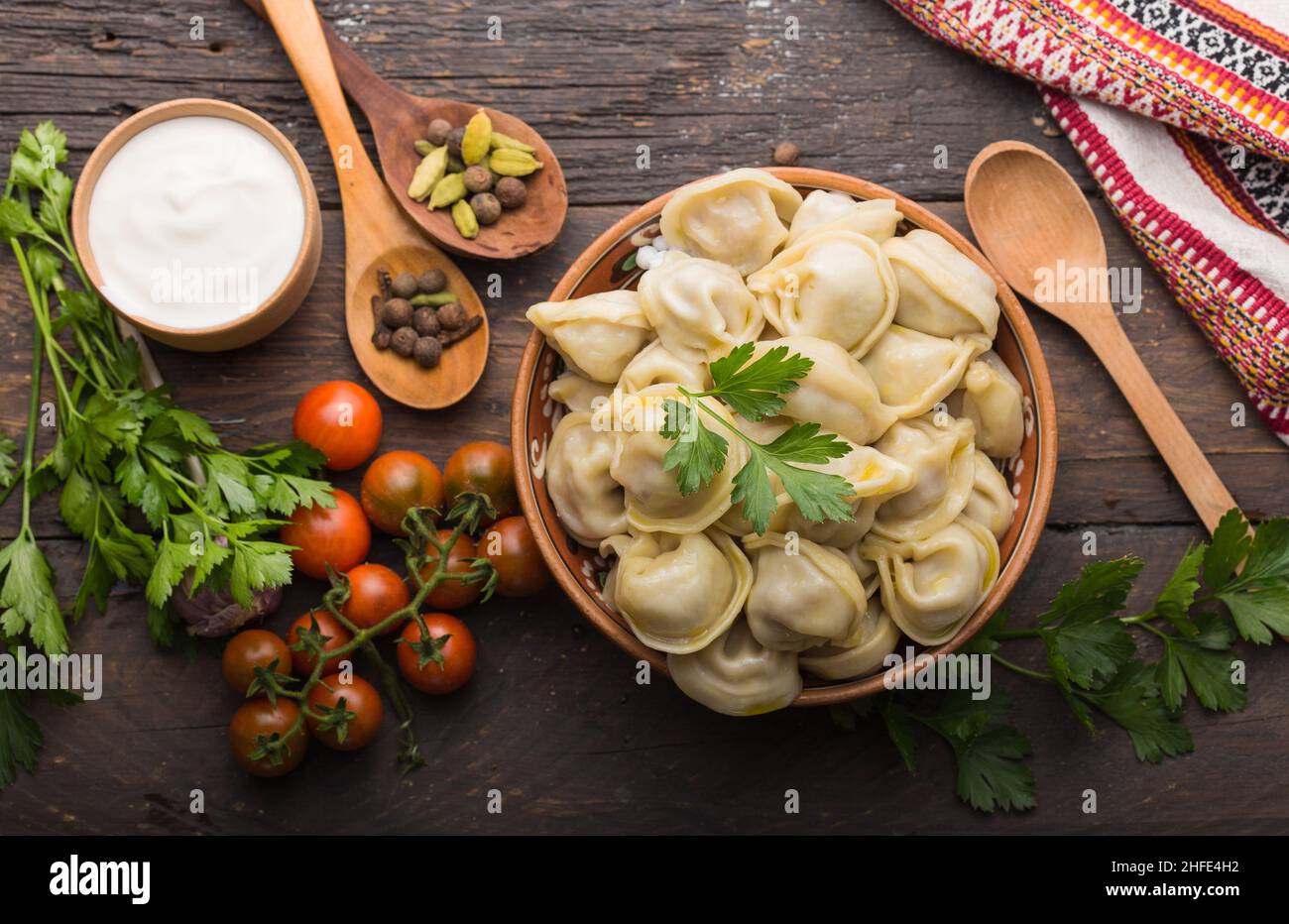 Boiled meat dumplings. Close-up view of russian boiled pelmeni on white ...