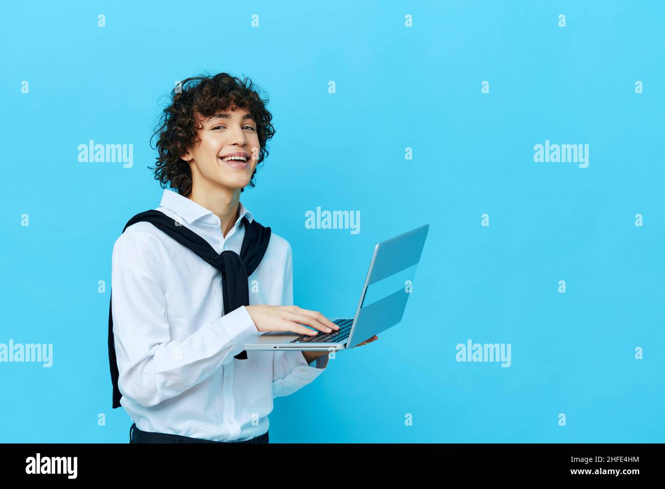 curly guy laptop online chat communication Internet Lifestyle ...