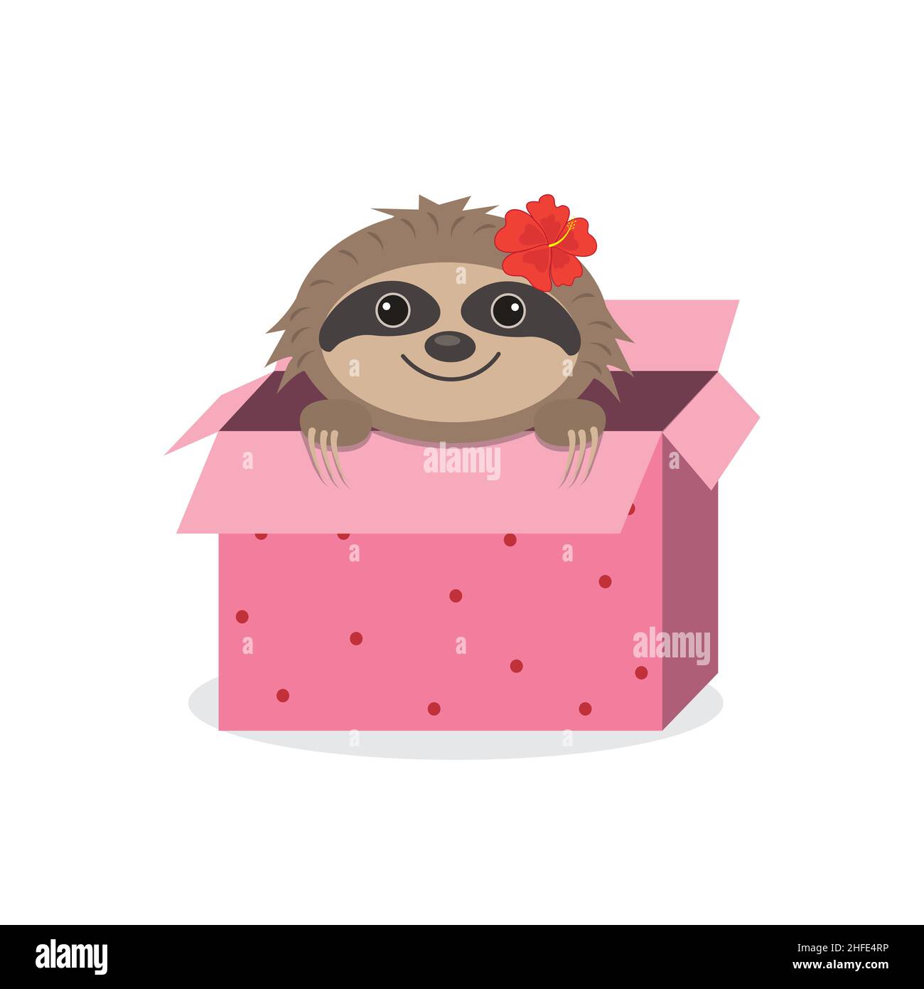 Cute character Sloth girl peeks out of a holiday box, color isolated ...