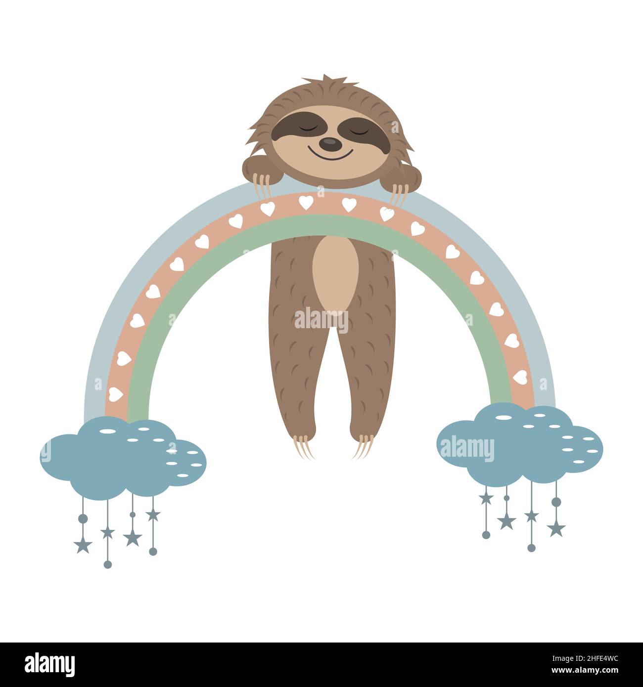 Cute sloth character sleeping on a rainbow with eyes closed color ...