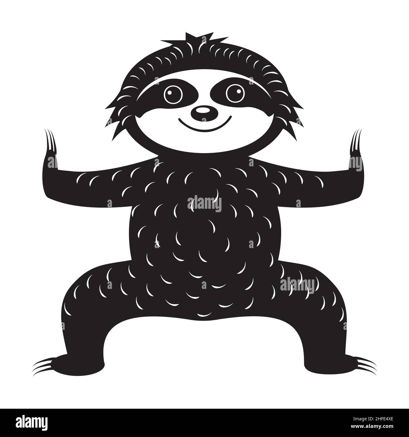 Sloth stands in yoga pose, vector illustration black cartoon stencil ...