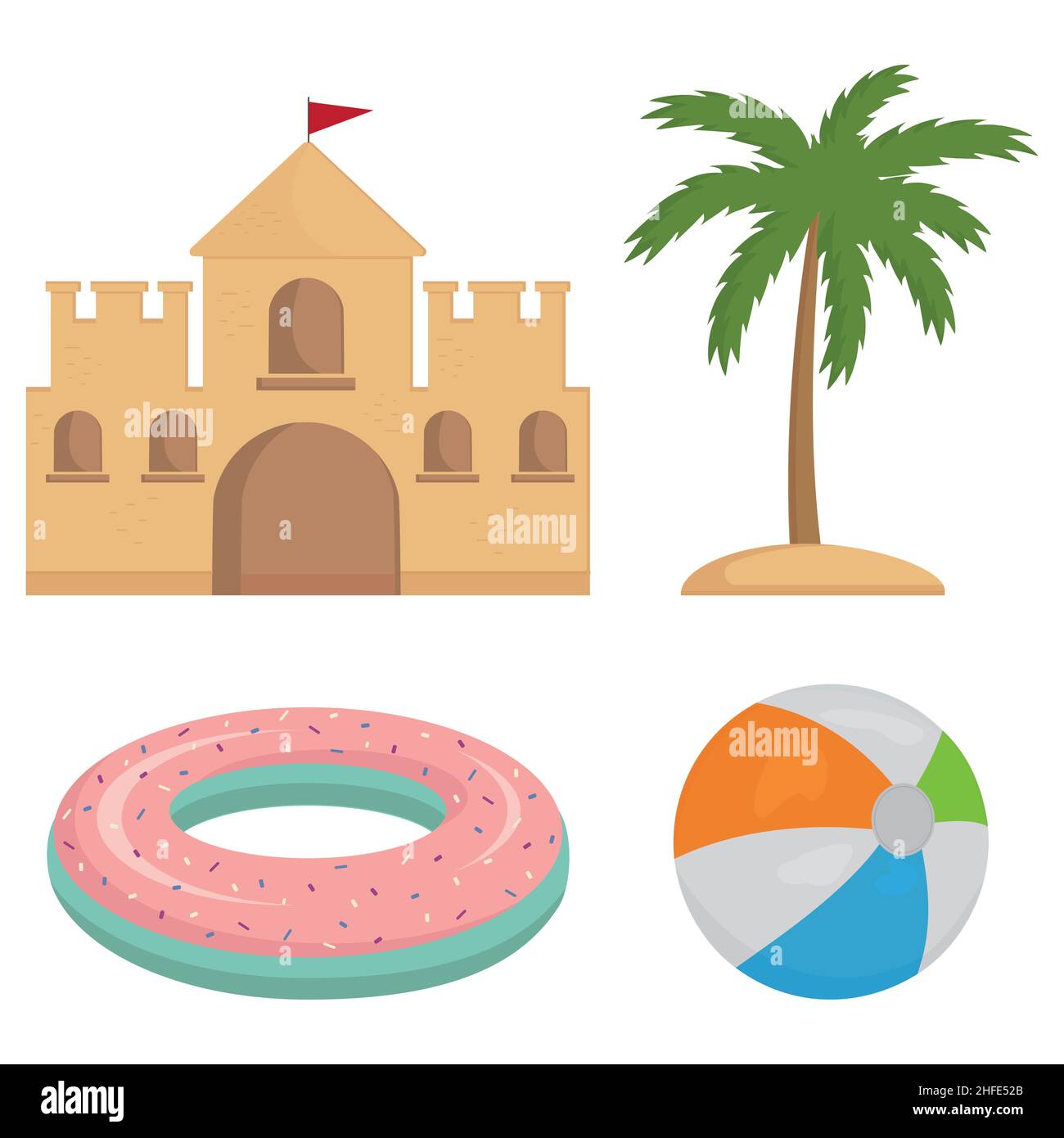 Set of sand castle, palm tree, swimming circle and inflatable ball for ...