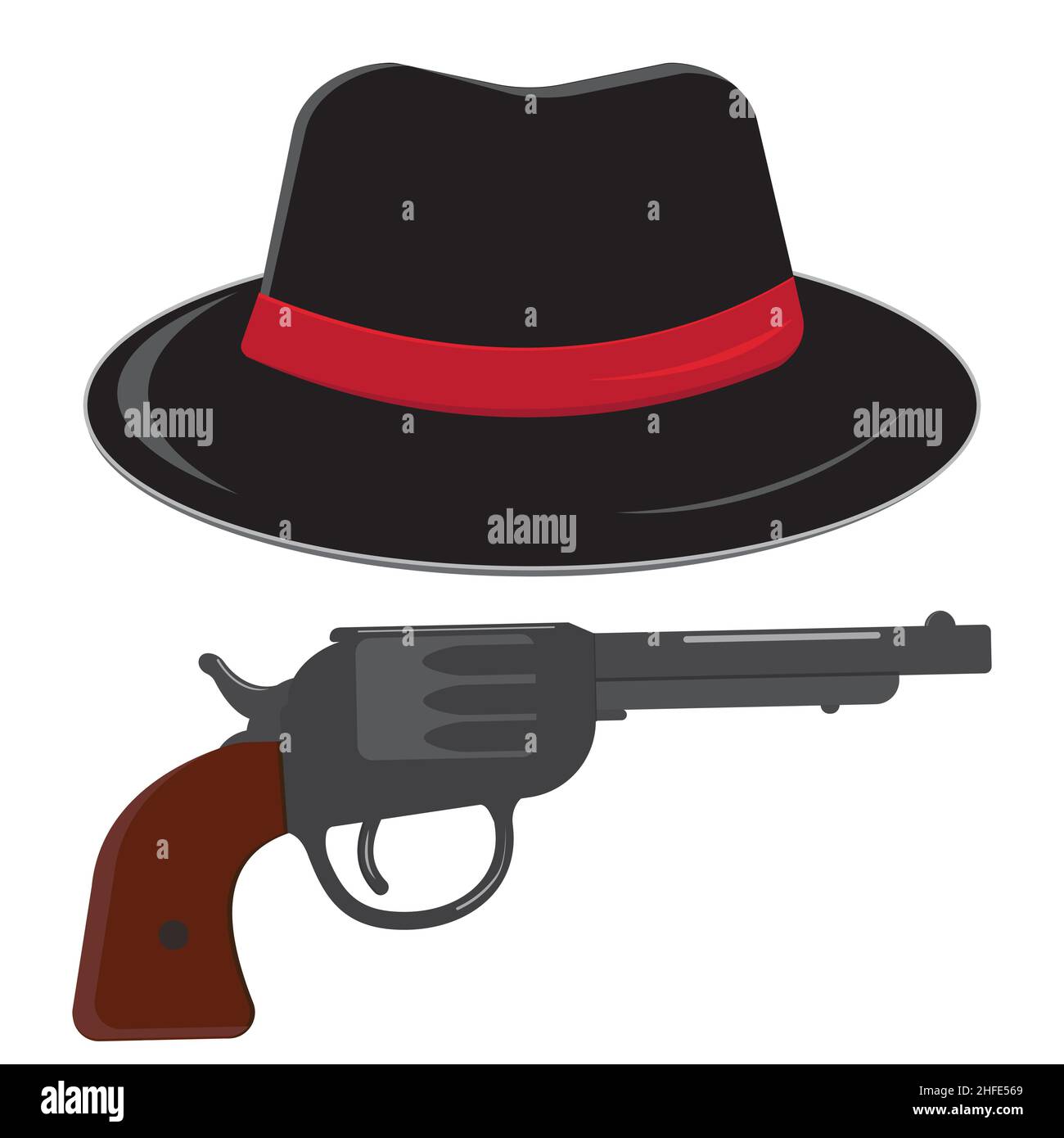 Black hat with a revolver, color isolated vector illustration on a ...