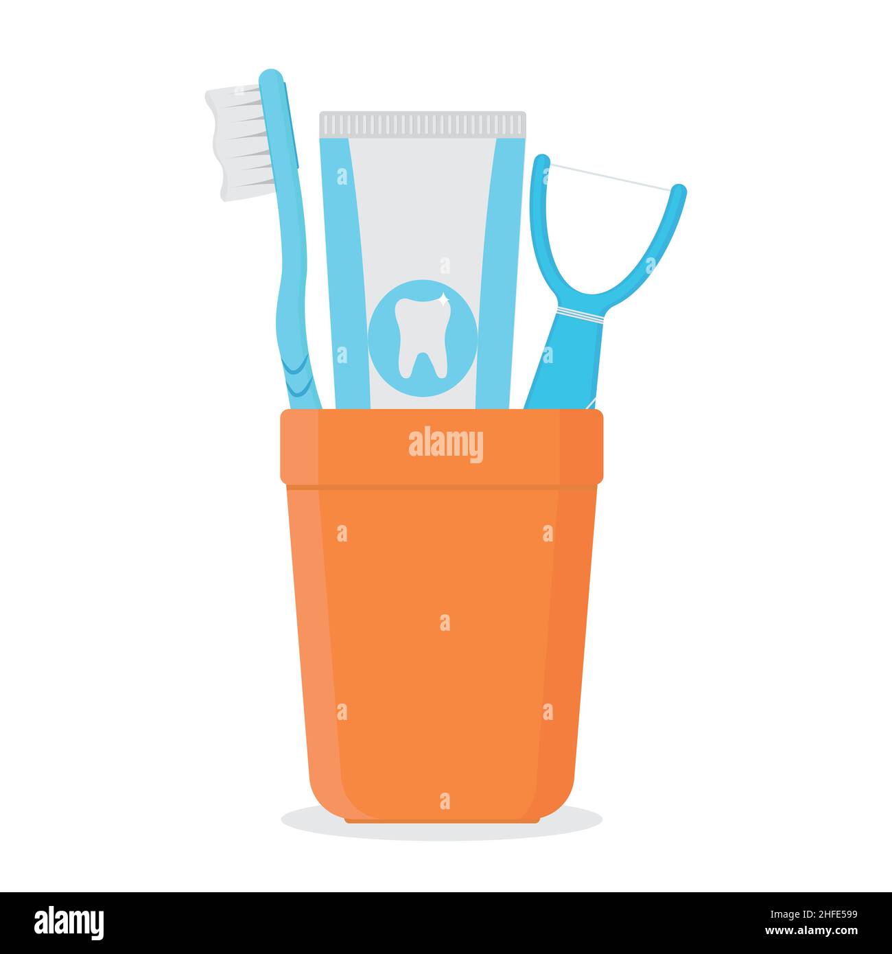 Toothbrush, toothpaste and dental floss in a glass, vector isolated ...