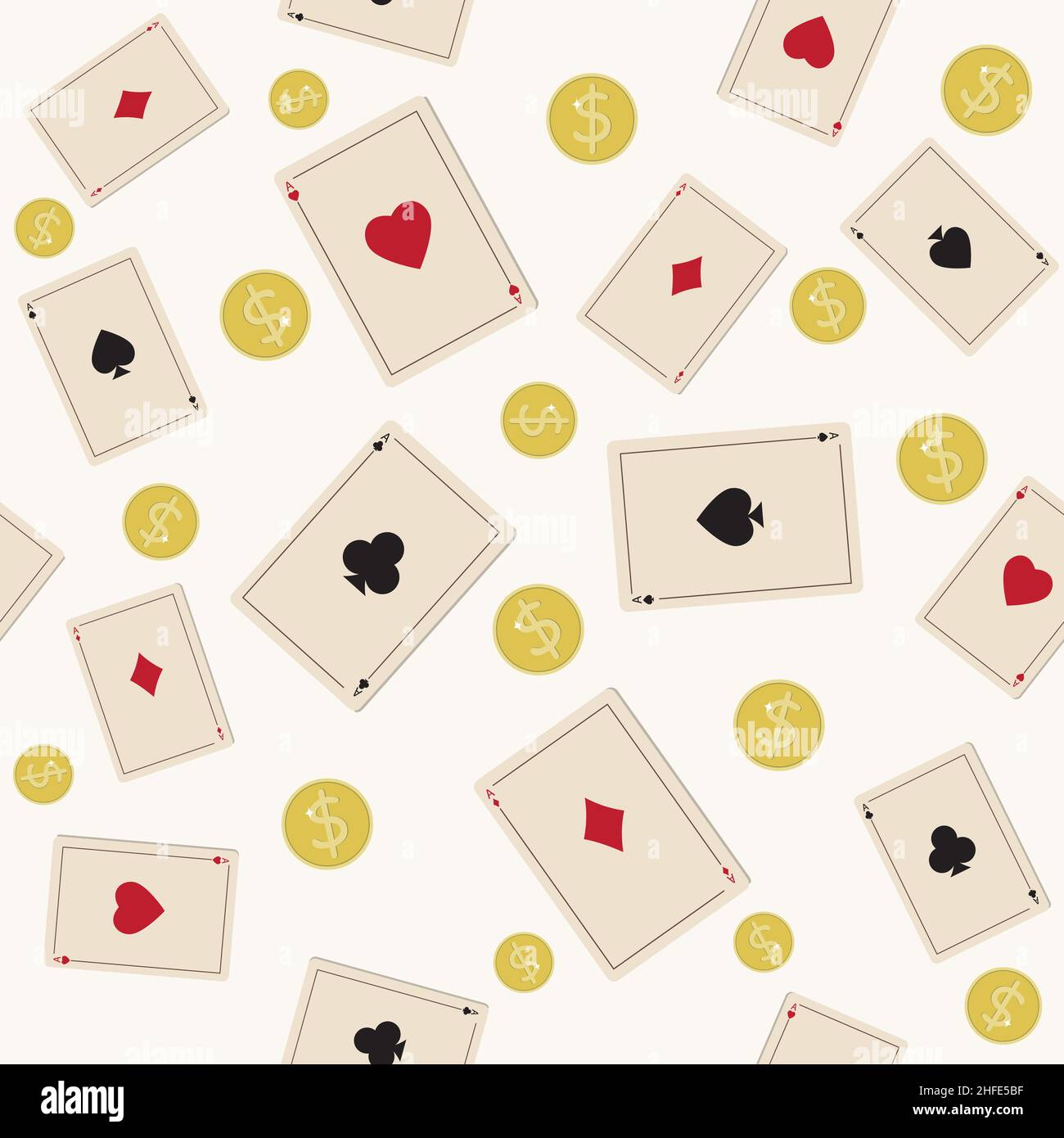 Pattern of playing cards with gold coins on a white background, color ...