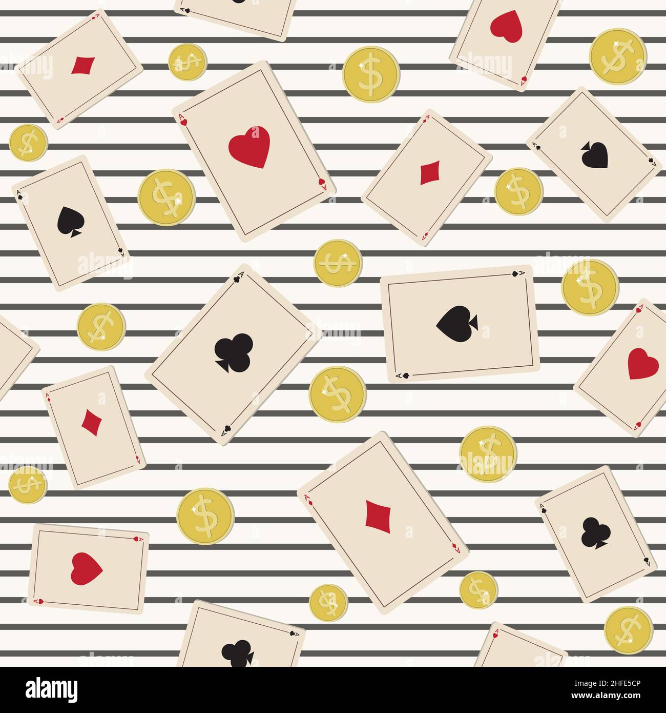 Pattern of playing cards with gold coins on a striped background, color ...