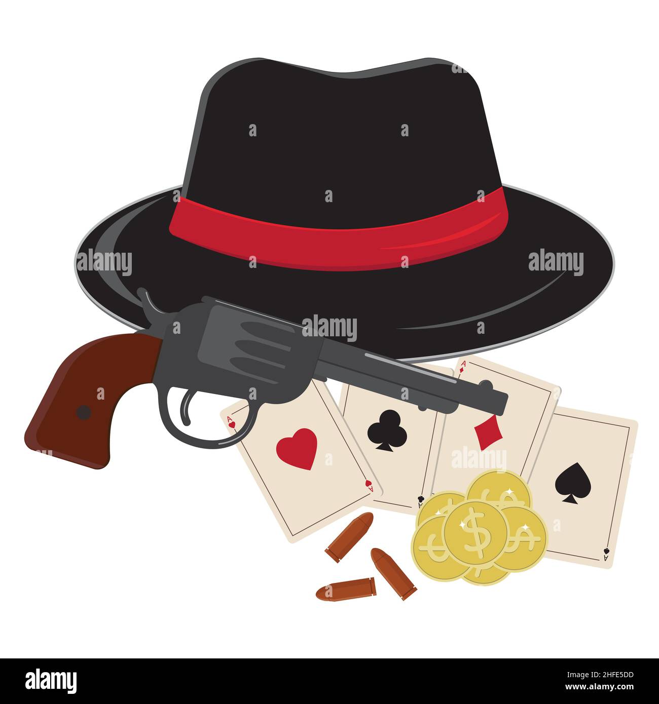 Composition black hat, revolver, playing cards and money, color ...
