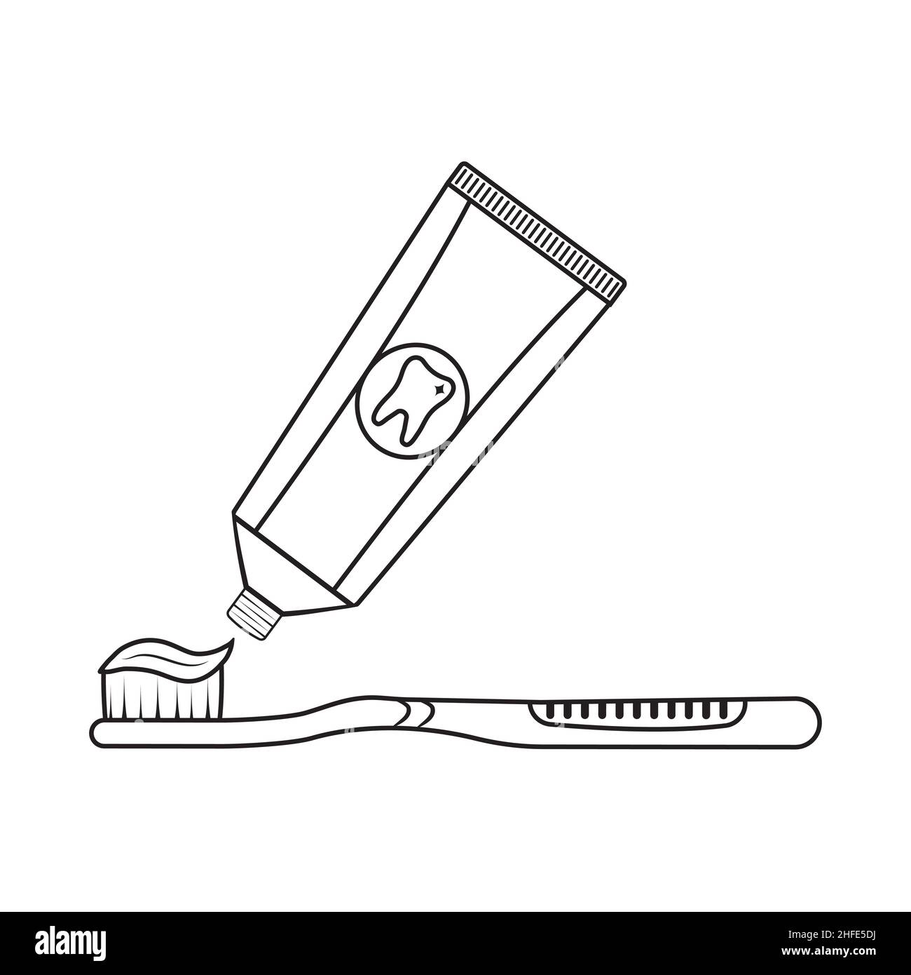 Toothbrush and toothpaste, black outline, vector isolated illustration ...