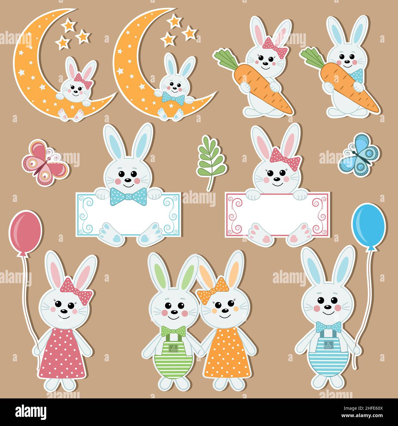 Bunny Sticker Set, color isolated vector illustration Stock Vector ...