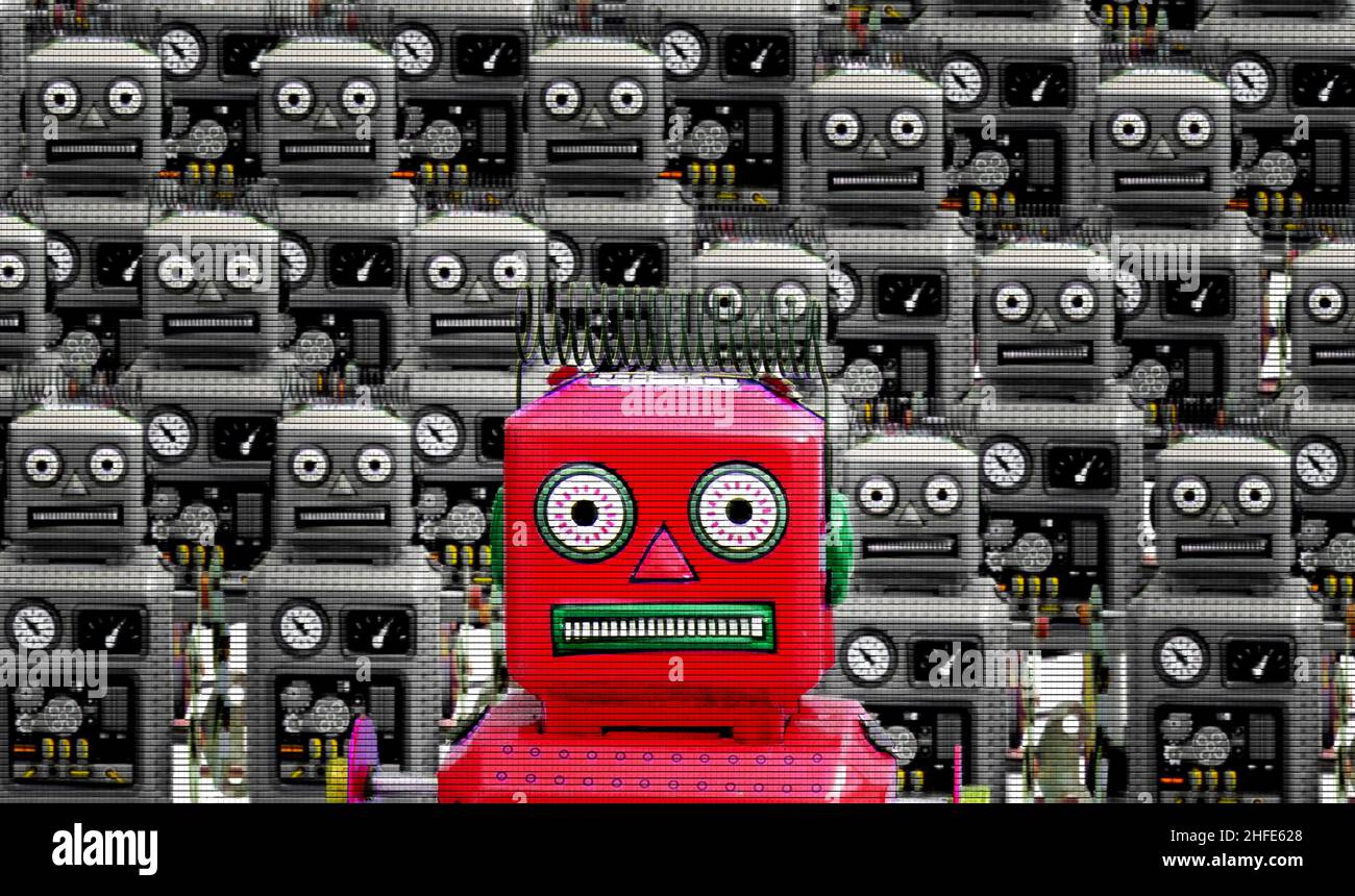 little red robot is ahead of the crowd isolated on white Stock Photo ...