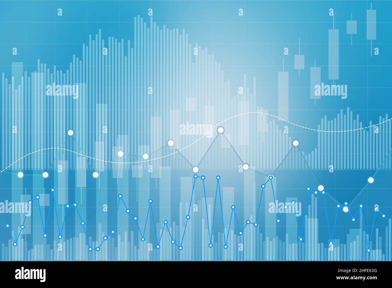 Creative finance graph on blue background with columns, lines ...