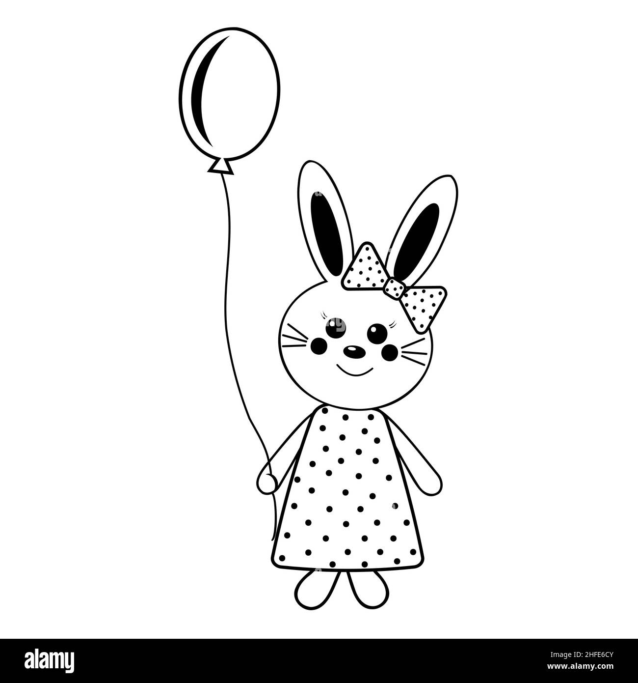 Bunny girl with balloon, black outline coloring book, isolated vector ...