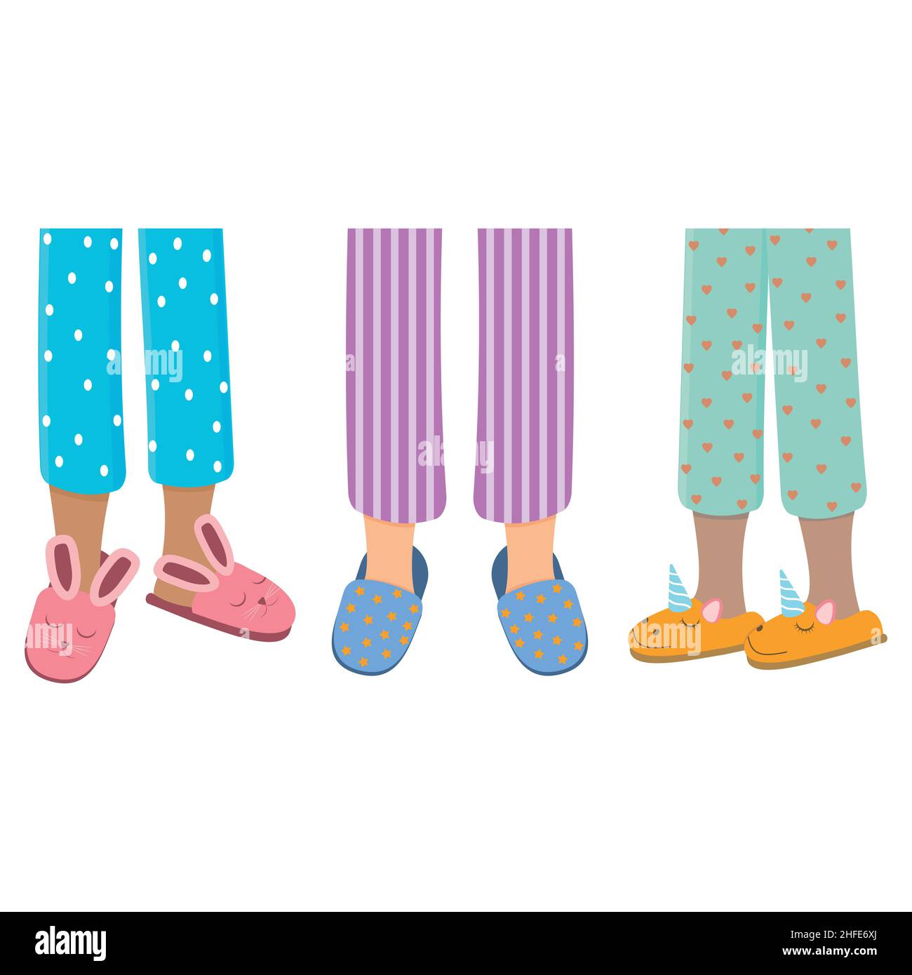 Legs of girls in pajamas and slippers, color isolated vector ...