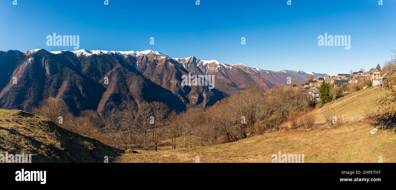 Landscape of the Pyrenees above Bagnères de Luchon, and the small ...