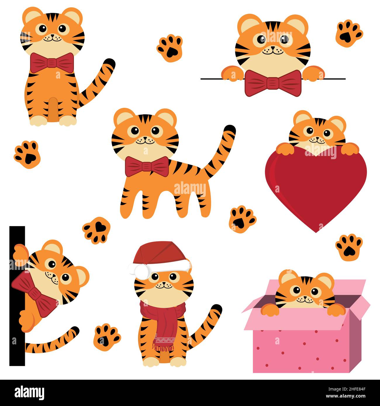 set of cute Christmas tiger cubs, color vector isolated cartoon-style ...