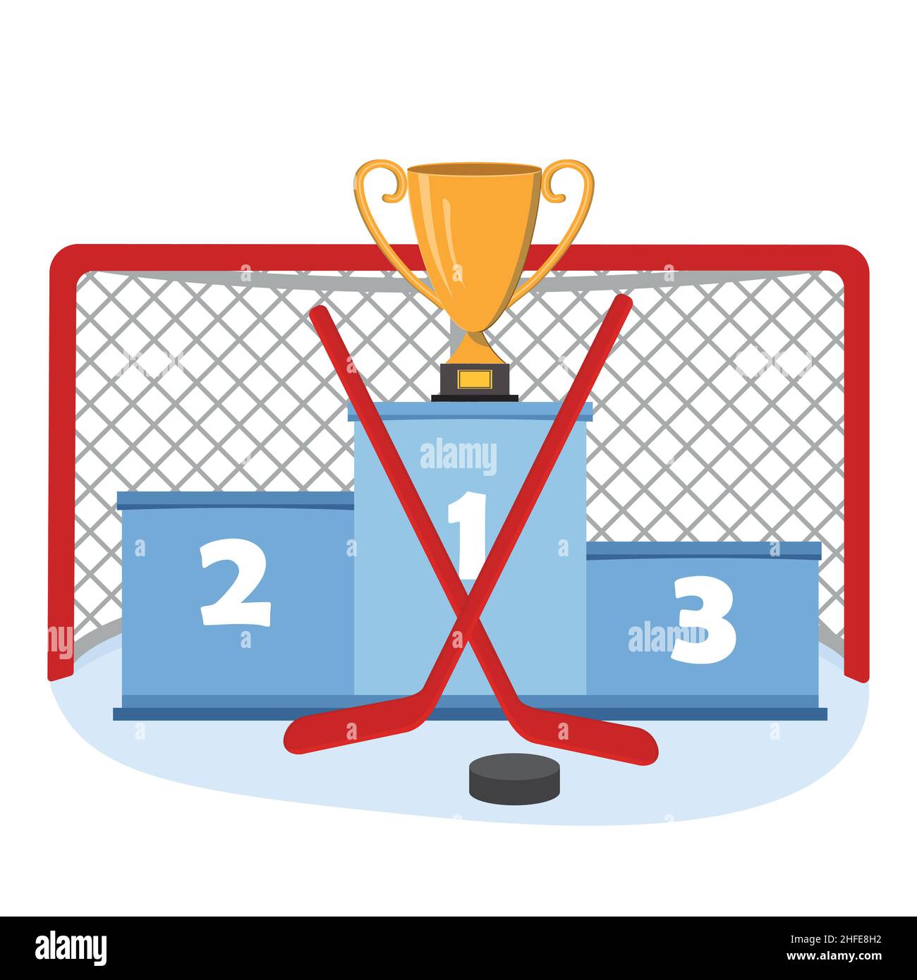 A pedestal with a stick and a puck in a hockey goal, a color vector ...
